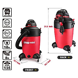 Shop-Vac 5983389 Wet/Dry Vacuum Cleaner, 16 Gallon, 6.5 Peak HP, 2.50 Inch Diameter x 8 Foot Hose, 18 Foot Cord, Ideal for Jobsite, Garage & Workshop