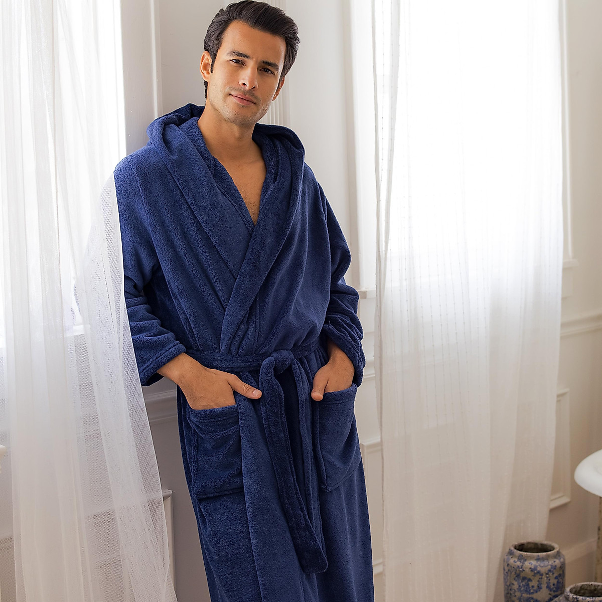 Alexander Del Rossa Mens Robe, Plush Fleece Hooded Bathrobe Men, Men's Bathrobes, Big and Tall Bath Robe for Men Navy Blue 2XL (A0125NBL2X)