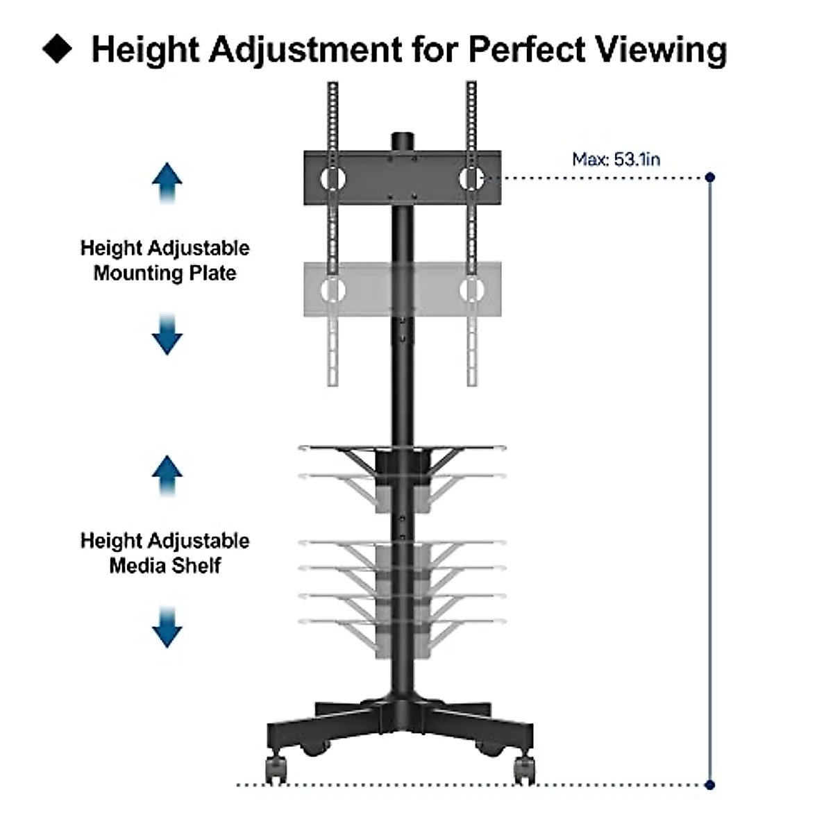 Mobile TV Cart for 23-60 Inch LED LCD Flat Curved Panel Screens TVs, Rolling TV Stand with Wheels Holds Up to 55lbs, Height Adjustable Portable Floor Stand with Media Shelf Tray, Max VESA 400x400mm