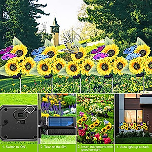 ANGMLN Solar Sunflower Lights Outdoor Decorative - 2 Pack Solar Flowers Lights Outdoor Garden Waterproof with Butterfly Decor Sunflower Garden Stake Lights for Yard Patio Lawn Pathway