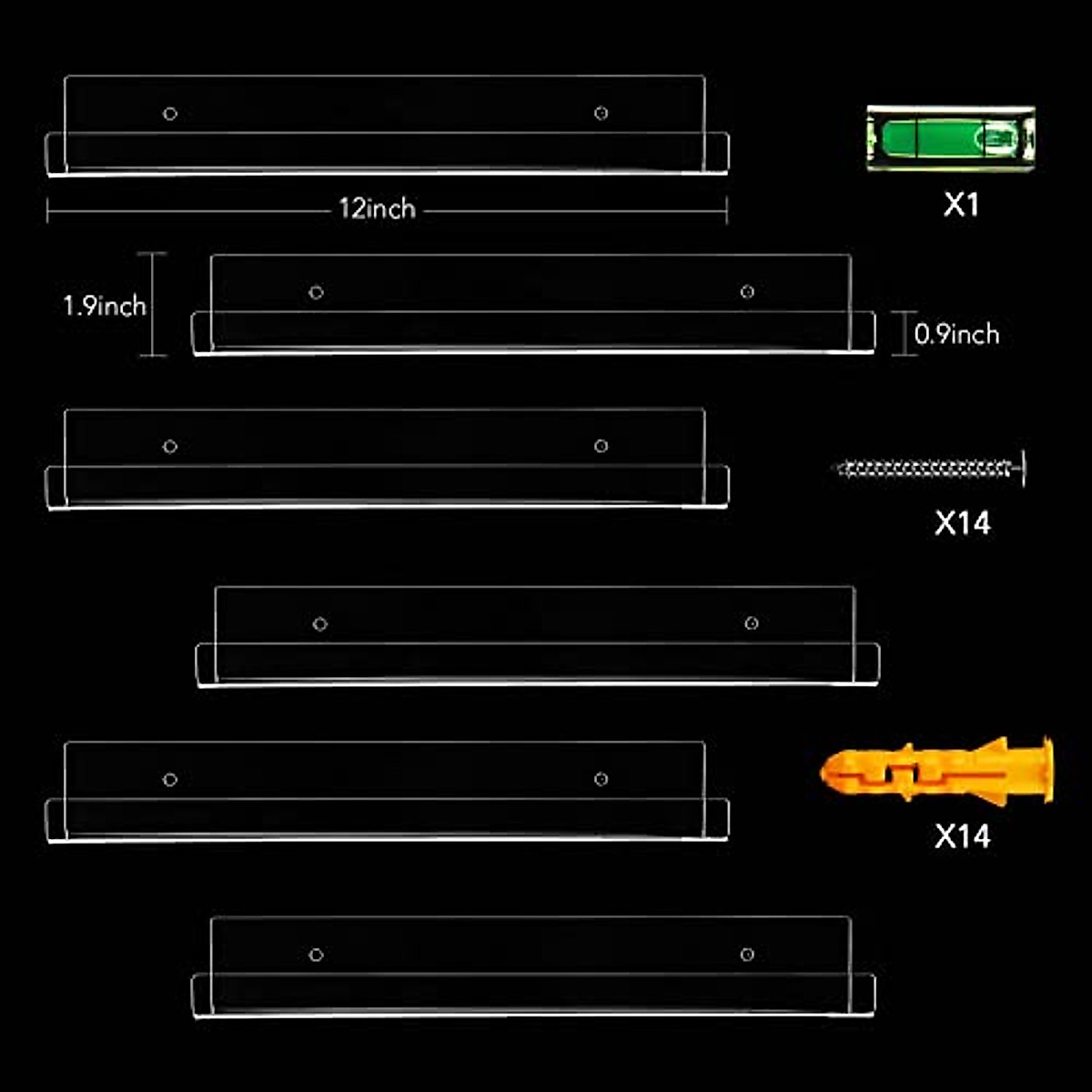 bigantss 6 Pack Clear Acrylic Vinyl Record Floating Shelves, 12" Wall Shelf Mount & Holder for Vinyl Album Display and Storage, Acrylic Record Frame Show Your Favorite LP (Clear)