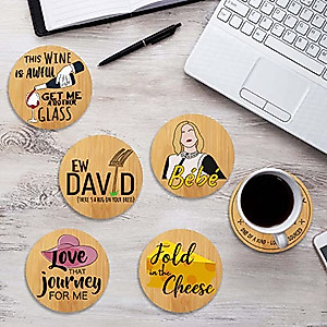 Funny Bamboo Coasters for Drink, TV Show Merchandise Gifts, Set of 6 Cute Coasters with Holder and Keychain for Fans, Friends, Additional Coffee Table Decor, Housewarming Gifts for New Home, Birthday