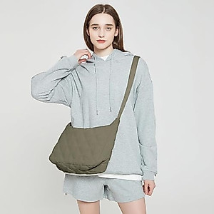 Women Hobo Shoulder Bag Puffer Small Tote Crossbody Bag Purse Cotton Handmade Bags Handbag with Zipper School Work Travel Olive Green