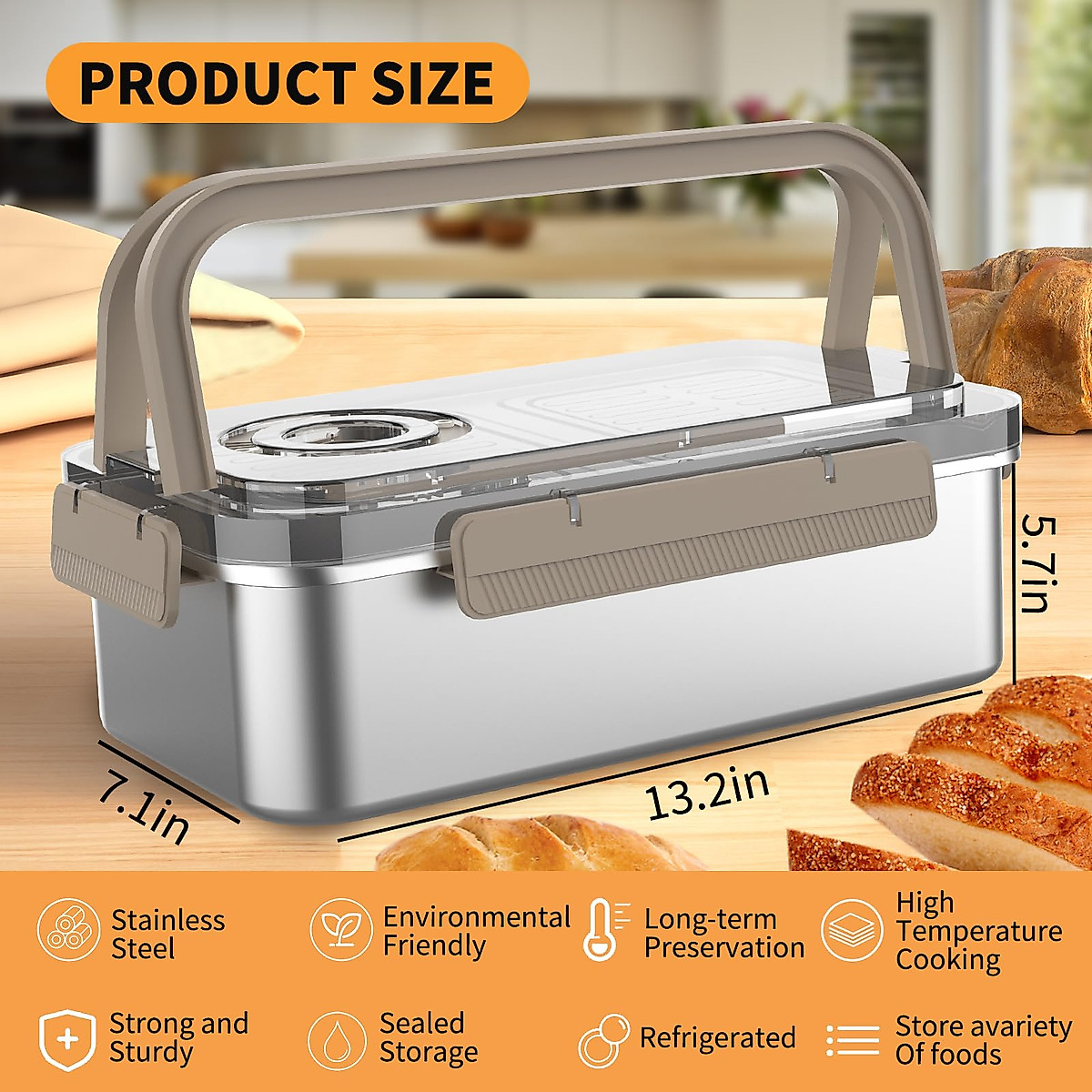 HAKELPOK Bakeable 304 Stainless Steel Bread Box for Homemade Bread, Portable Time Recording Bread Storage Container with Airtight Lid, Breadbox for Kitchen Countertop, Bun, Bagel (Brown)