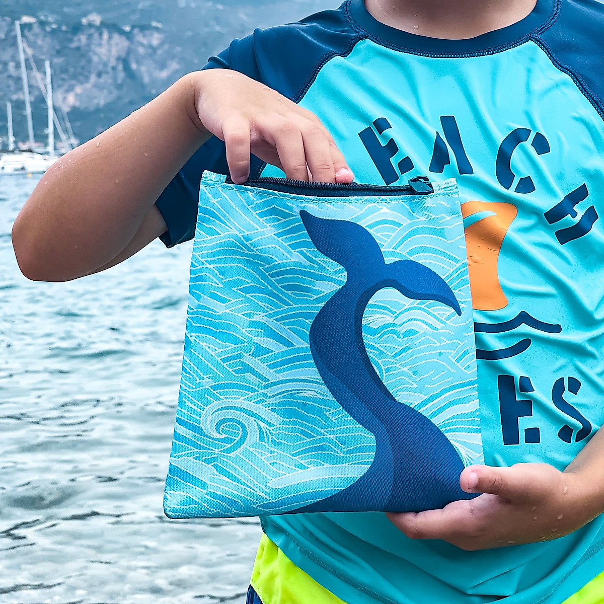 Yumbox Reusable Sandwich and Snack Bags (2-Pack) Fun Shark Prints for Toddlers and Kids, Eco-Friendly, BPA-Free, Water-Resistant, Lined, Washable fabric, Ideal kids snack bag, Zip Close, 8x8 in Large