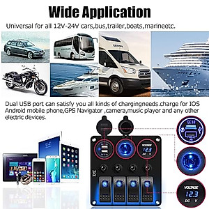 FXC Waterproof Marine Boat Rocker Switch Panel 4 Gang with QC3.0 USB & Type-C Slot Socket + Cigarette Lighter +LED Voltmeter with Overload Protection for Car Rv Vehicles Truck (4 Gang Blue LED)