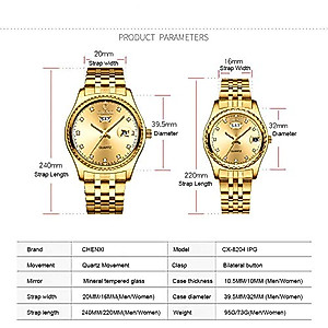 MASTOP Couple Watches Dress Wrist Watch Golden Watch Men Women Stainless Steel Waterproof Quartz Watch (8201 Gold)