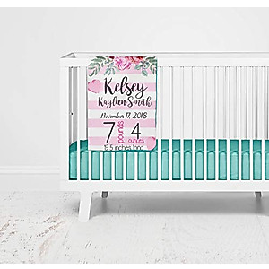 Baby Girl's Blanket - Birth Stats - Pink - Flowers Hearts - Minky 30" x 40"