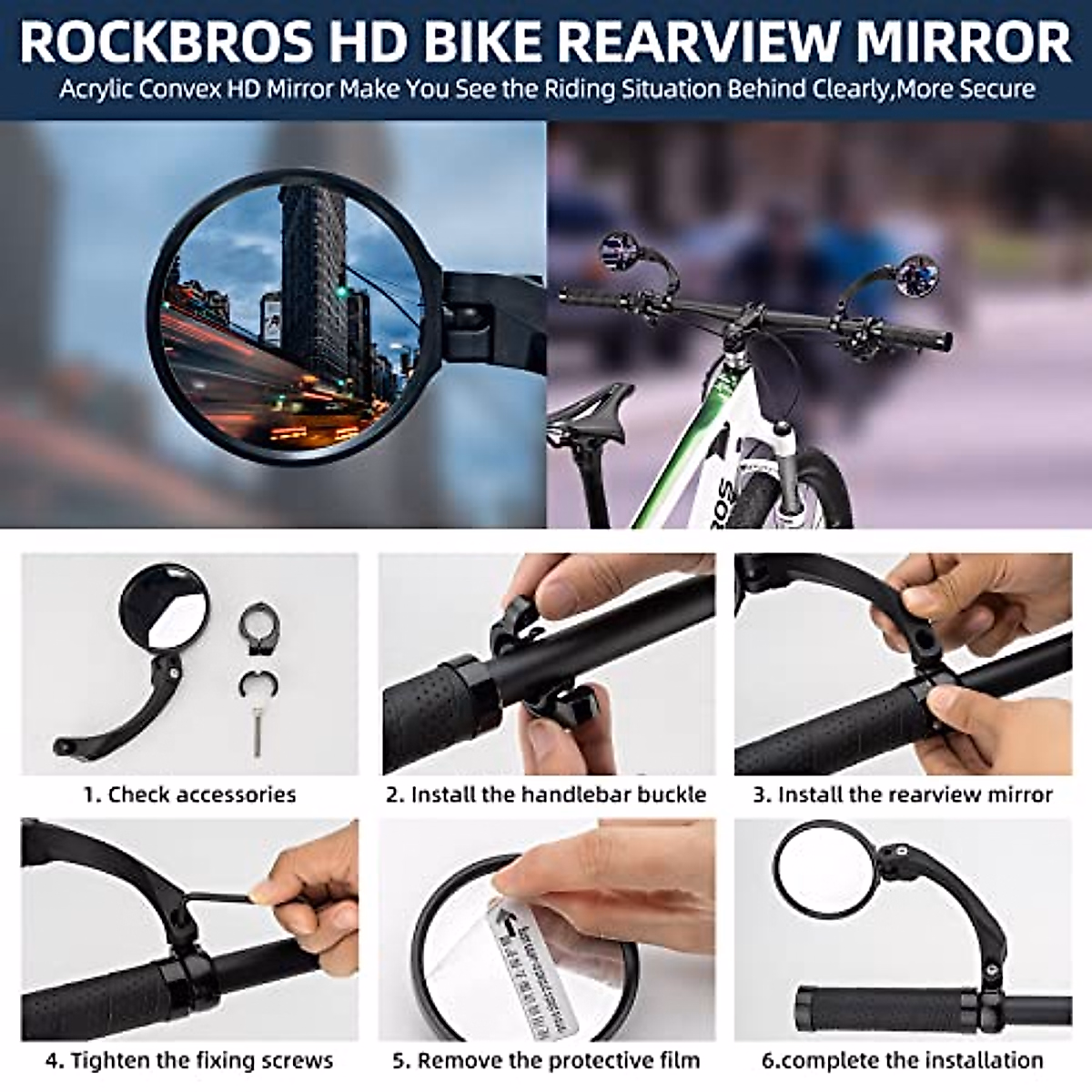 ROCKBROS Bike Mirror Handlebar Mount Bicycle Rear View Mirror Adjustable Rotatable Safety Bike Accessories Bike Mirrors for Mountain MTB Road E-bike