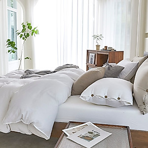 EVERLY 100% Pure Linen Duvet Cover Set Twin Size 68X90Inch 3pcs (1 Duvet Cover,1Pillowcases) Soft and Breathable for All Season with Coconut Button Closure, Suitable for Hot Sleepers-White-Twin