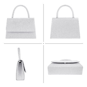 Larcenciel Women's Evening Handbags, Glitter Top Handle Evening Purse w/Chain, Silver Ladies Sequins Shoulder Crossbody Bag, Chic Guest Clutch for Party Prom Wedding Cocktail Club Dating,7.9x2.2x5.3in