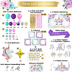 245 Pieces RainMeadow Unicorn Birthday Decorations for Girls Kit, All-in-1 Party Supplies Pack With Balloon Garland, Fringe Curtains, Foil Balloons, Backdrop, Crown, Sash - Pink, Purple, Teal, Gold