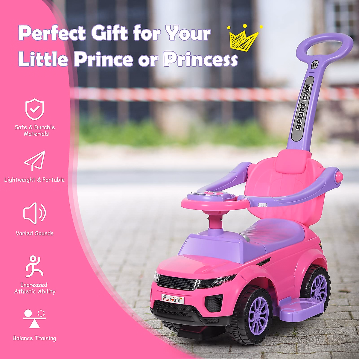 HONEY JOY Ride On Push Car, Foot to Floor Ride On Sliding Car Push Handle & Detachable Guardrail, Sound & Lights, Under Seat Storage, Push Cars for Toddlers 1-3, Gift for Kids Boys Girls(Pink)