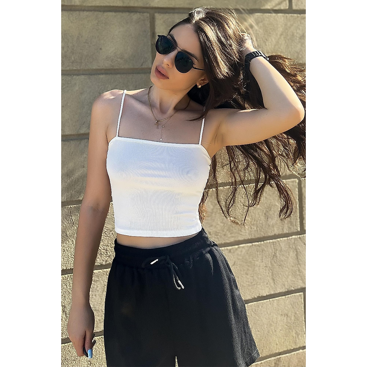 Ekouaer Women's 2pcs Crop Camisole Top Spaghetti Strap Tank Top Basic Cami Shirts Tube Tops