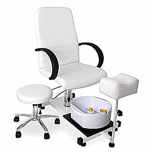 Paddie White Pedicure Chair with Rolling Low Stool/Foot Basin/Leg Rest Hydraulic Adjustable for Salon Spa Nail Tech