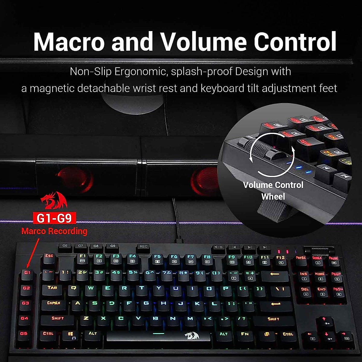 Redragon K588 RGB Backlit Mechanical Gaming Keyboard with Programmable Keys Macro Recording Optical Blue Switches Tenkeyless with Detachable Palm Rest & USB-C USB for Windows PC