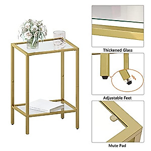 HOMSHO Side Tables Set of 2, End Tables with Tempered Glass, 2-Tier Nightstands with Storage Shelves, Slim Sofa Table for Living Room, Bedroom (2, Golden)