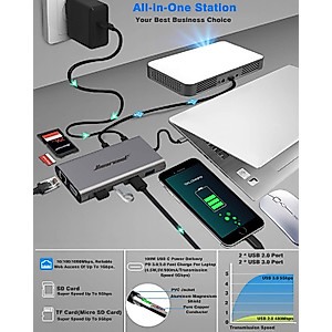 Hiearcool USB C Hub, USB-C Laptop Docking Station, 11IN1 Triple Display Type C Adapter Compatible for Dell Hp Lenovo Windows (2HDMI VGA PD3.0 SD TF Card Reader Gigabit Ethernet 4USB Ports)