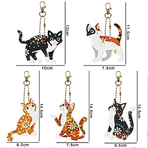 5pcs 5D DIY Diamond Painting Keychains Kit, Double Sided Full Drill Rhinestone Pasted Painting Key Chains Pendant for Kids Adults Beginners Backpack Handbag Ornaments Decoration (Cat)