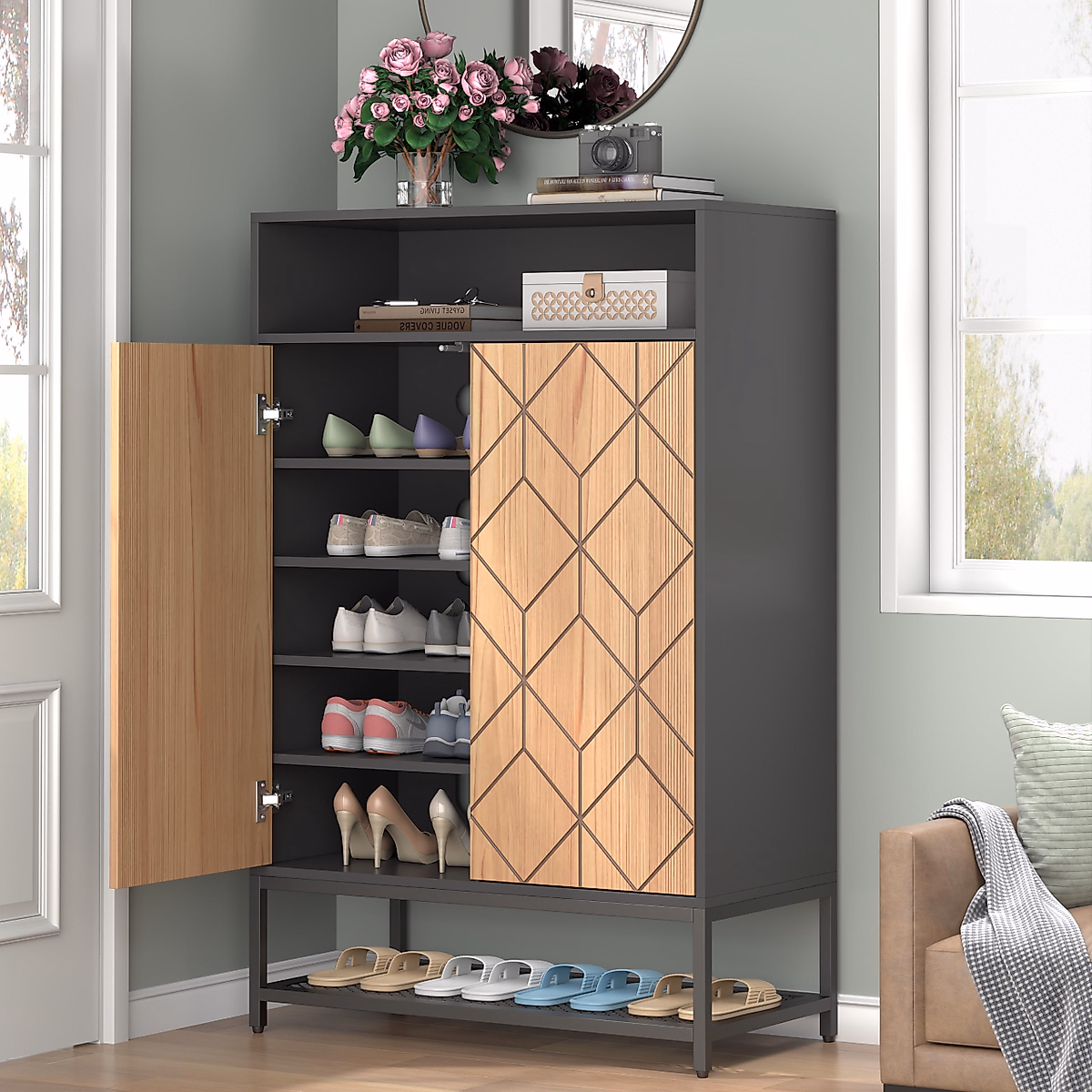 Gyfimoie Shoe Organizer with Doors, Shoe Storage Cabinet with Adjustable Shelves for Entryway, 7-Tier Entryway Shoe Rack Storage for Hallway, Closet, Living Room
