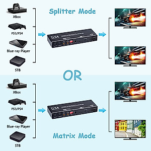 HDMI Matrix 4x2, 4K@60Hz HDMI Matrix Switch 4 in 2 Out with EDID Extractor and IR Remote Control, Support HDMI 2.0b, HDCP2.2, HDR10, Ultra HD, 3D