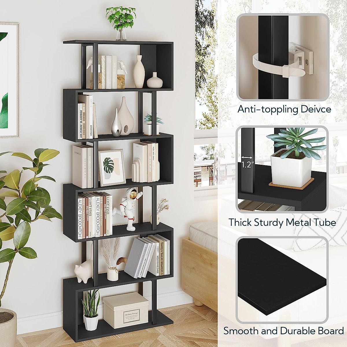 Yusong S Shaped Bookshelf, Modern Geometric Bookcase, 6-Tier Black Display Case Book Shelf
