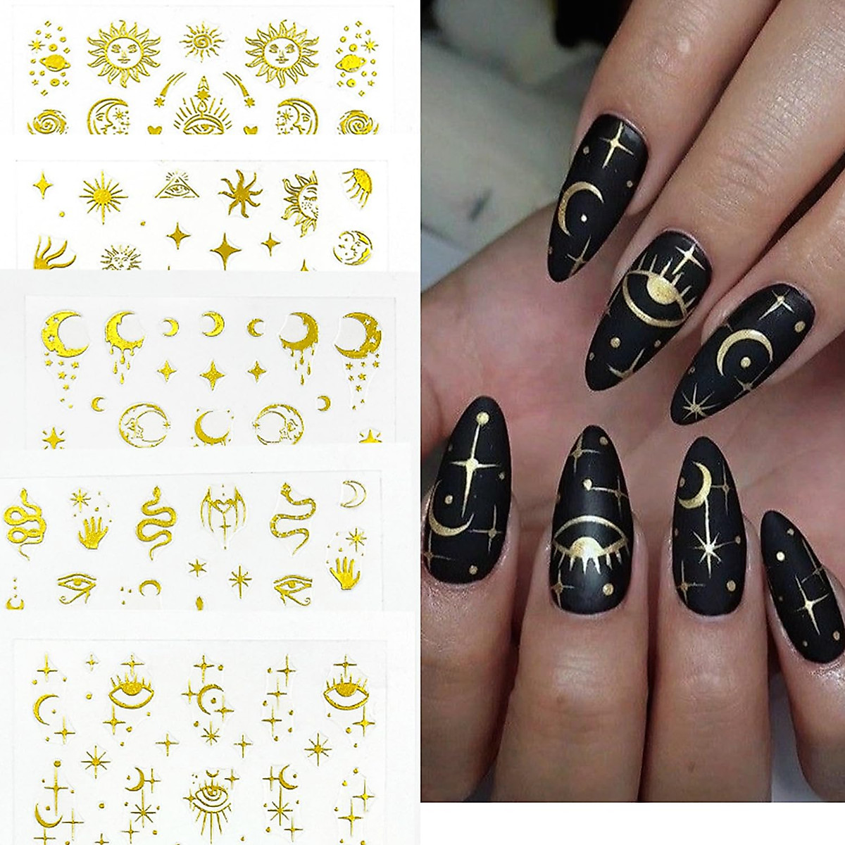 8 Sheets Gold Star Moon Nail Art Stickers Decals Snake Sun Eye Nail Stickers 3D Self Adhesive Nail Decals Design Various Patterns Nail Art Decals for Women DIY Manicure Decoration Supplies