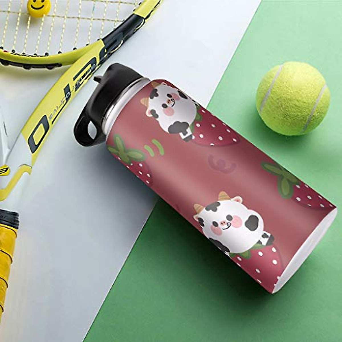 EmroyouYi Strawberry Cow Stainless Steel Sports Water Bottle with Straw Lid Insulated Thermo Mug Gifts for Friends white 32oz