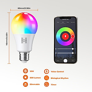 Homefy Smart Light Bulbs 4 Pack, A19 Multicolor LED, 16 Million Colors, Dimmable, 800 Lumens, WiFi & Bluetooth, Compatible with Alexa & Google Home, Music Sync, No Hub Needed, 2.4GHz