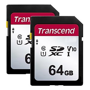 Transcend 64GB Secure Digital SDXC UHS-I Memory Card, Compatible with Canon PowerShot SX620 HS Digital Camera - Class 10, U1, 100MB/s, 300 Series - Pack of 2