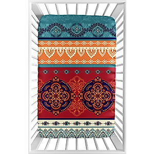 Sweet Jojo Designs Red Boho Chic Girl Fitted Mini Crib Sheet Baby Nursery for Portable Crib or Pack and Play - Orange Teal Turquoise and Blue Bohemian Colorful Mandala Vintage Patterned Retro Hippie
