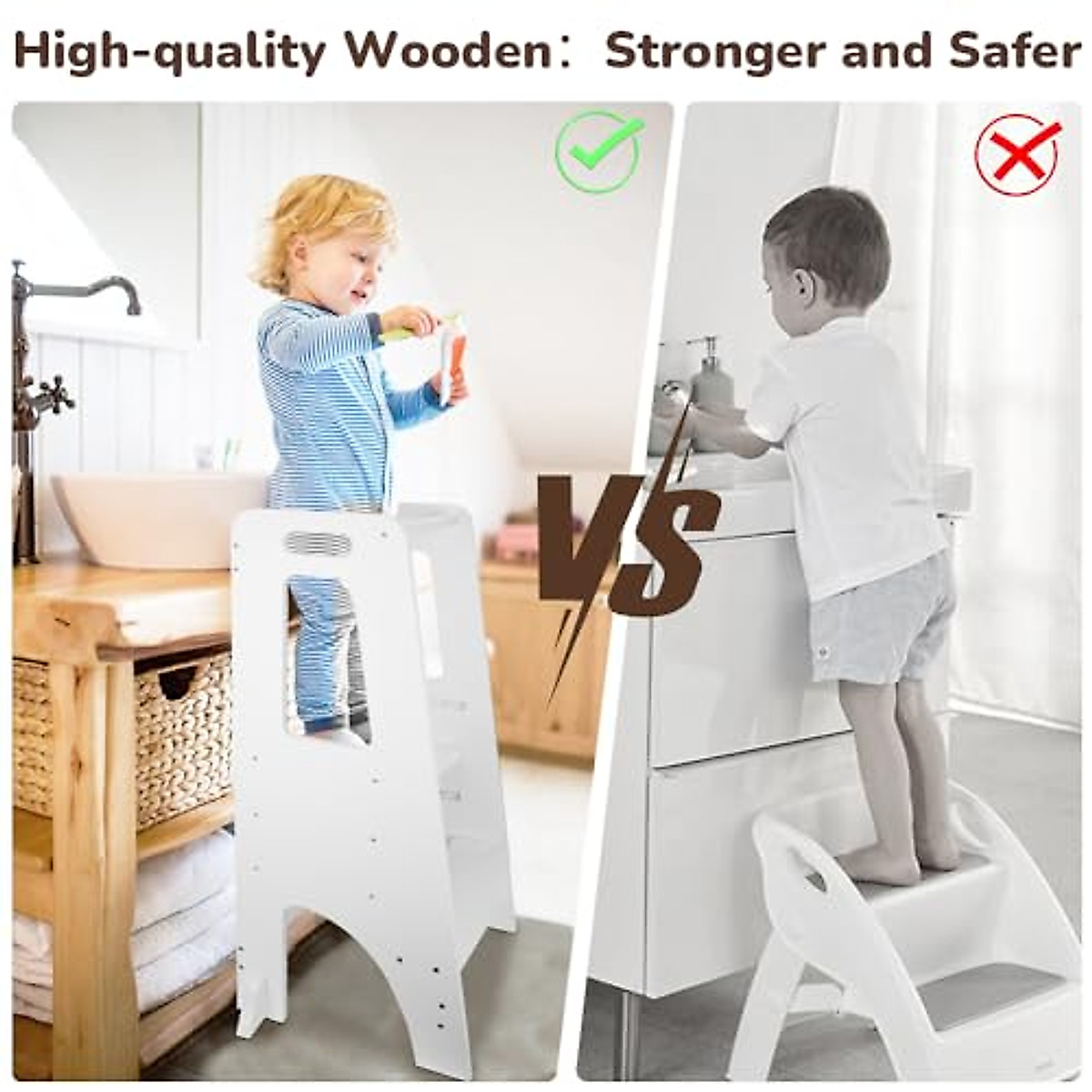 ZZBIQS Wooden Kitchen Toddler Step Stool Helper, Height Adjustable Learning Toddler Tower with Safety HandRail, Standing Tower Daycare Furniture for Kids (White)