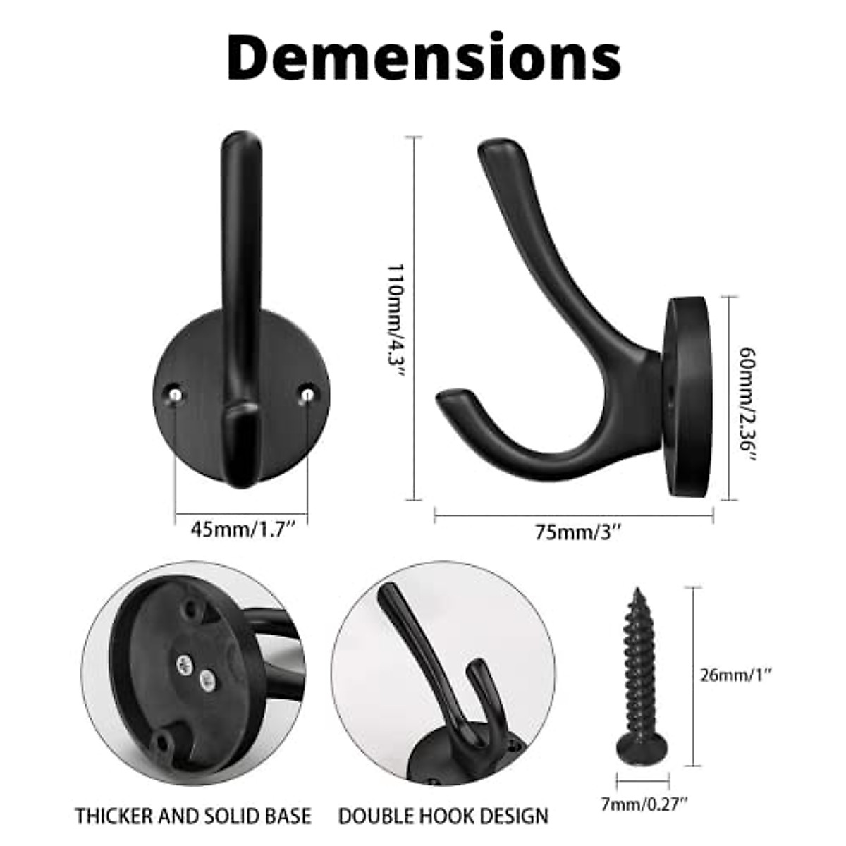 4 Packs Matte Black Coat Hooks, Robe Hook, Decorative Towel Hooks, Heavy Duty Double Prong Wall Hooks, Metal Closet Hooks, Hat Hooks for Hanging for Bathroom, Kitchen and Office