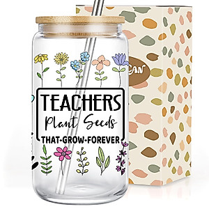 Coolife Teacher Cup, 16oz Glass Cups w/Lids Straws - Best Teacher Mothers Day Birthday Gifts, Teacher Appreciation Gifts for Women, Glass Tumbler Teachers Cups, Thank You Gifts for Teachers