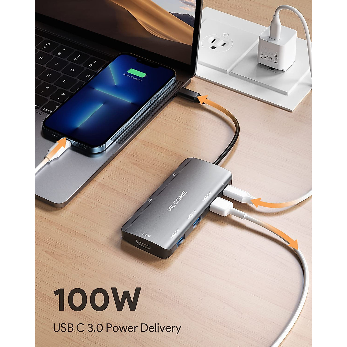 USB C Hub, Vilcome 7-in-1 USB C to 4K HDMI Multiport Adapter, with SD/TF Card Reader, 3 USB 3.0 Ports, and 100W Power Delivery, for MacBook Pro Air, Pixelbook, XPS, and More