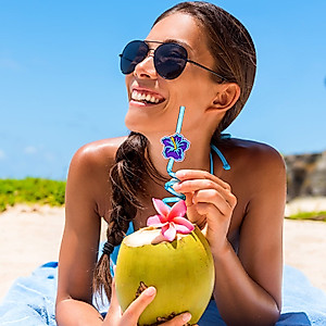 24 Pcs Hibiscus Flower Bendable Straws Flower Drinking Straws Plastic Hibiscus Flower Straws Flower Party Favors for Kids Boys Girls Spring Summer Hawaiian Beach Birthday Supplies, 6 Colors