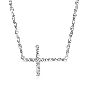 ARAIYA FINE JEWELRY 925 Sterling Silver Round-shape Diamond Sideways Cross Pendant Necklace (1/10 cttw, I-J Color, I2-I3 Clarity), 18"