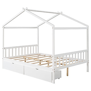 Full House Bed for Kids, Wooden Full Size Platform Bed Frame with 2 Storage Drawers, Headboard and Footboard, Montessori Bed, Full Storage Bed for Kids, Girls & Boys, No Box Spring Needed,White