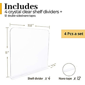 ROUFA 4Pcs Clear Acrylic Shelf Dividers, Adjustable Closet Organizer Fit for Any Thickness of Shelves, Multi-Purpose Wood Shelf Separators for Bedroom, Kitchen, Office, Bathroom, 11.8''x11''