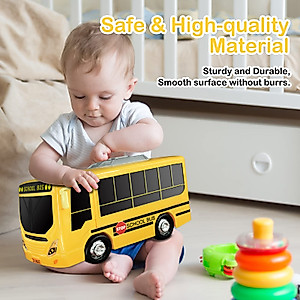 Hi-Tech School Bus Toy with Sound Light for Kids, Simulation Steering Wheel Gear Driving Pull Buses Education Knowledge Gift for Preschool Toddler Boys Girls Age 3 4 5 6 7 8