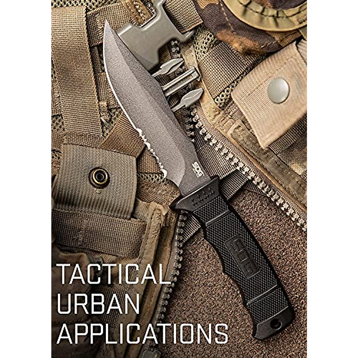 SOG Fixed Blade Knives - Seal Pup Tactical Knife Survival Knife and Hunting Knife w/ 4.75 Inch Blade and MOLLE Knife Sheath & GRN Grip (M37N-CP) , black