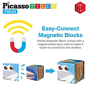 PicassoTiles 1” Magnetic Puzzle Cubes for Kids, 3D Sea Ocean Animal 63pcs Exploration Blocks, Kids Focus Learning & Stacking Toys, STEM Educational Preschool Toddler Classroom Activity, Boys Girls