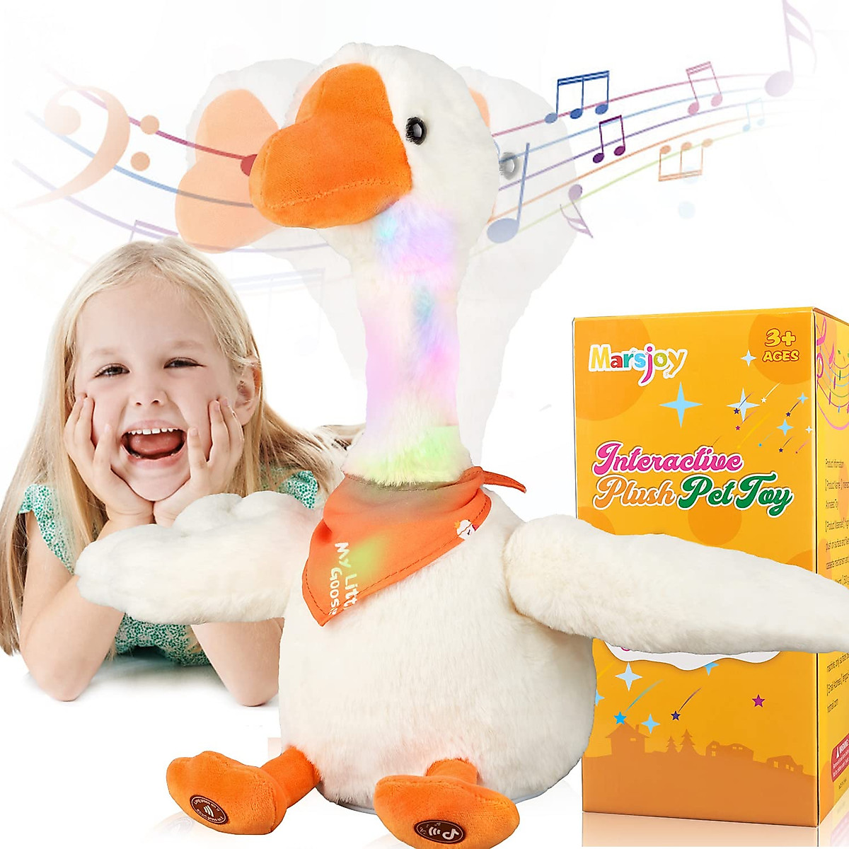 13" Talking Dancing Goose Swan Stuffed Animal Repeating What You Say Mimicking Recording Plush Baby Toy Musical English Song Singing Glowing Animated Twisting Gift Toy for Boy Kid