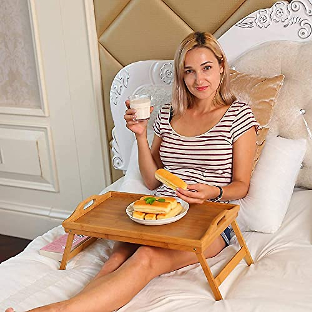 Artmeer Bed Tray Table with Folding Legs Wooden Serving Breakfast in Bed or Platter Tray,TV Table Laptop Computer Tray Snack Tray Large Size
