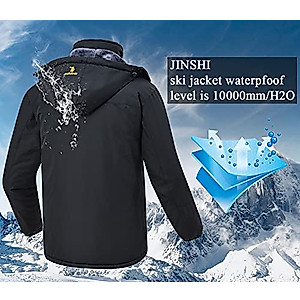 JINSHI Men Snow Jacket Windproof Waterproof Ski Jackets Winter Hooded Mountain Fleece Outwear (Black,L)