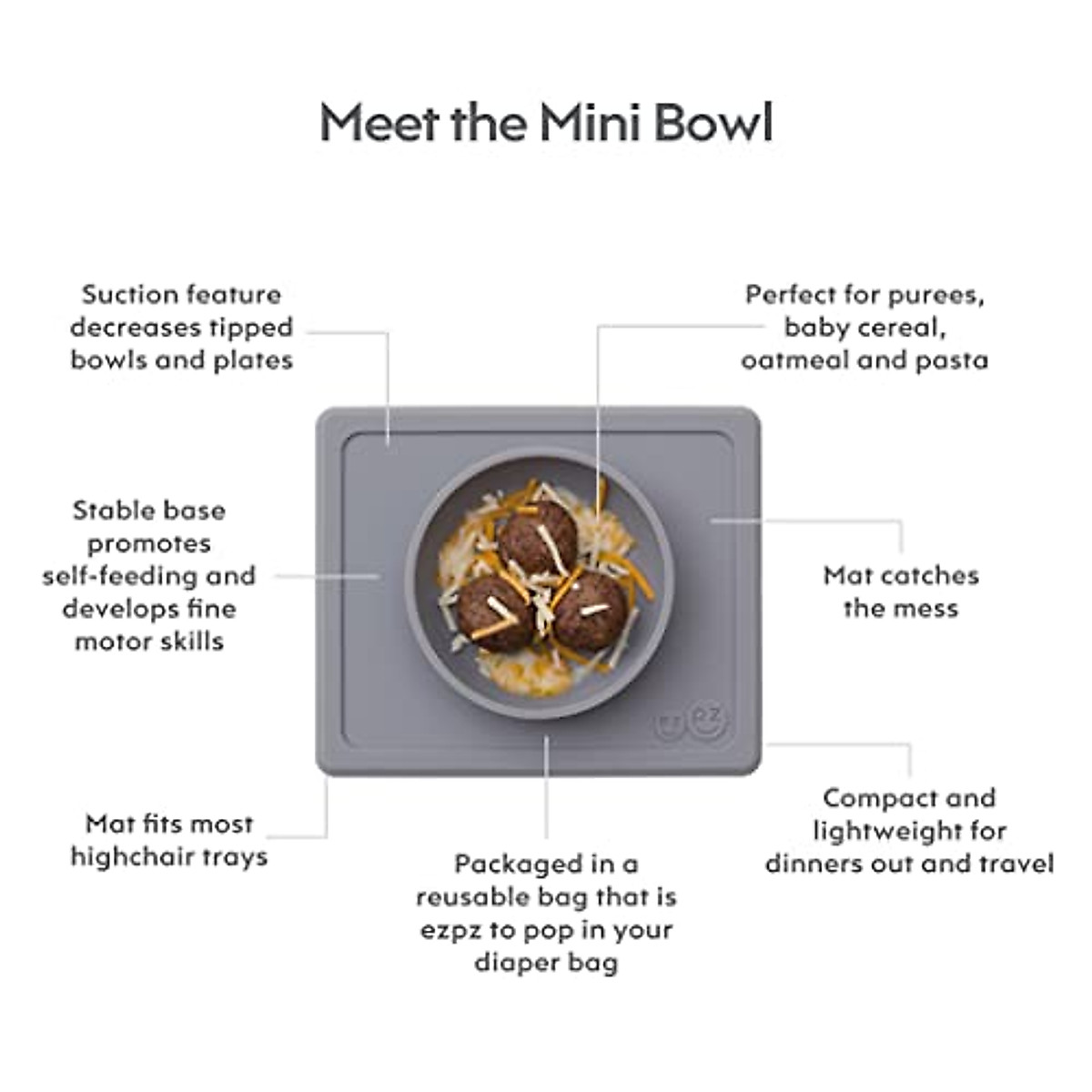ezpz Mini Bowl - 100% Silicone Suction Bowl with Built-in Placemat for Infants + Toddlers - Comes with a Reusable Travel Bag (Gray)