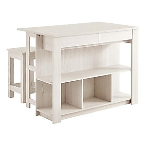 Modway Meadowbrook 3-Piece Kitchen Island with Seating and Drop-Leaf Table in White Maple - Freestanding and Small Space Kitchen Cart with Storage, Includes 2 Stools