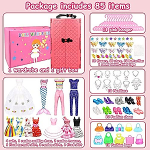 84 Pack Doll Clothes and Accessories with Doll Closet for 11.5 Inch Doll Fashion Design Kit Girl Doll Dress Up Including Wedding Dress Fashion Dress Outfits Tops and Pants Shoes Hangers Bags Necklaces