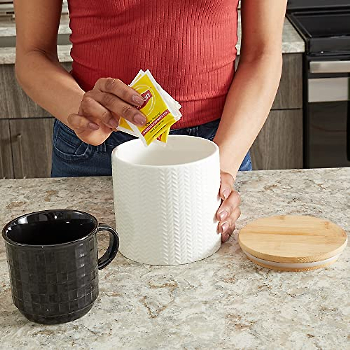 Home Basics Wave 3 Piece Ceramic Canister Set With Bamboo Tops, White