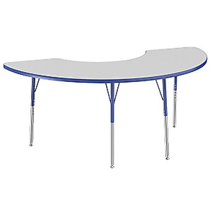 Factory Direct Partners 10077-GYBL Half Moon Activity School and Office Table (36" x 72"), Standard Legs with Swivel Glides, Adjustable Height 19-30" - Gray Top and Blue Edge